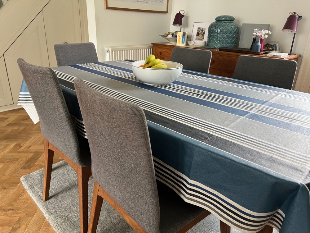 Bilbao Extra Wide French Striped Oilcloth in Blue -NorfolkOilcloth