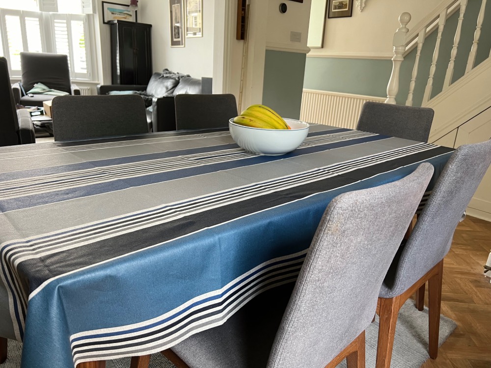 Bilbao Extra Wide French Striped Oilcloth in Blue -NorfolkOilcloth