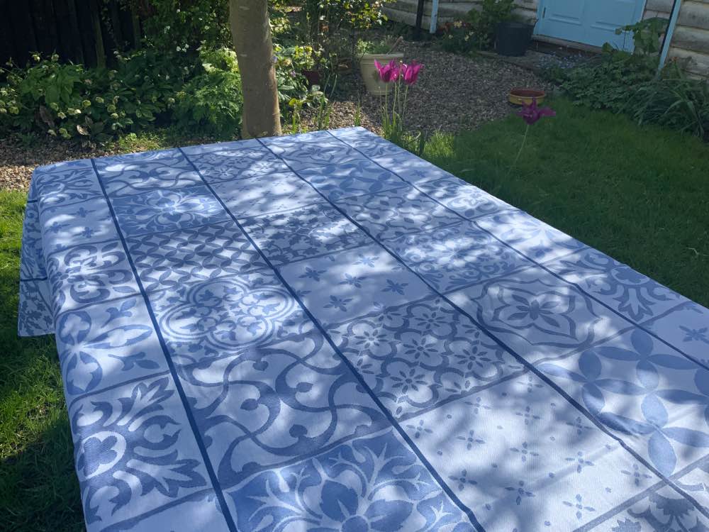 Blue Tiles Damask Extra Wide French Oilcloth. 175 cms. -NorfolkOilcloth